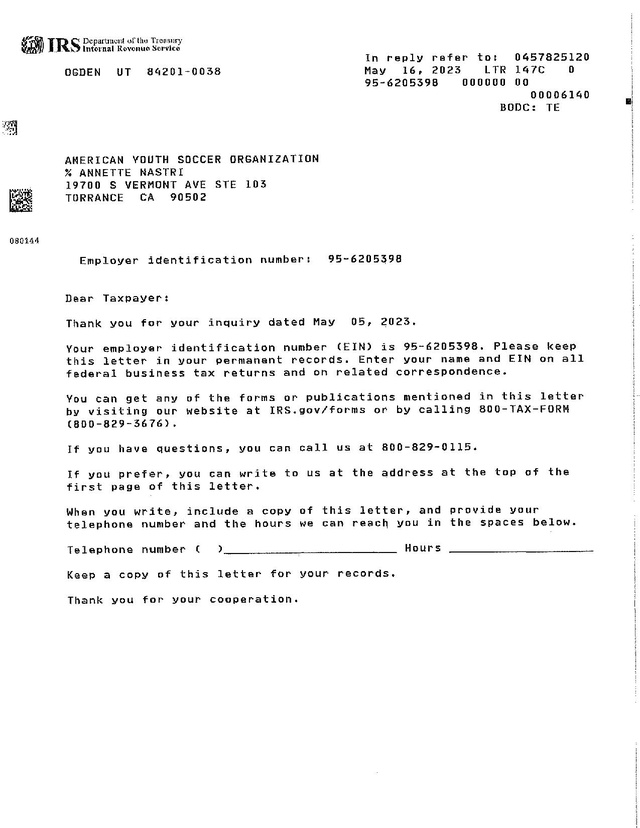 File:IRS EIN Verification 147C Letter.pdf - AYSO Wiki