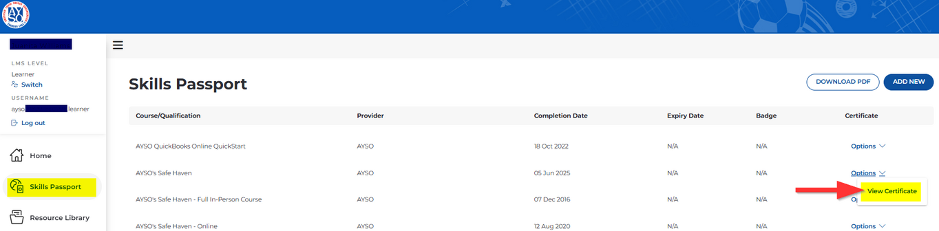 Viewing Certificates as a Learner in AYSOU - AYSO Wiki